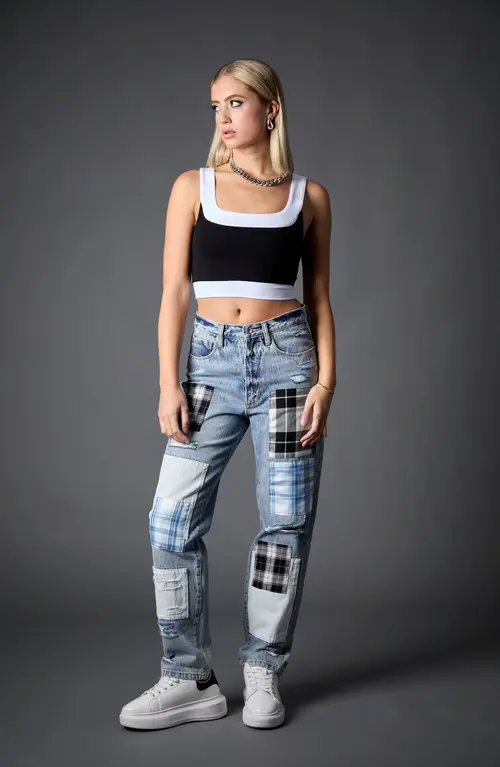BLUE REVIVAL Plaid Patchwork Straight Leg Jeans
