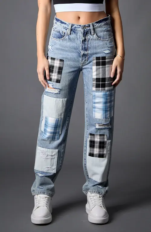 BLUE REVIVAL Plaid Patchwork Straight Leg Jeans - Ibiza Patchwork