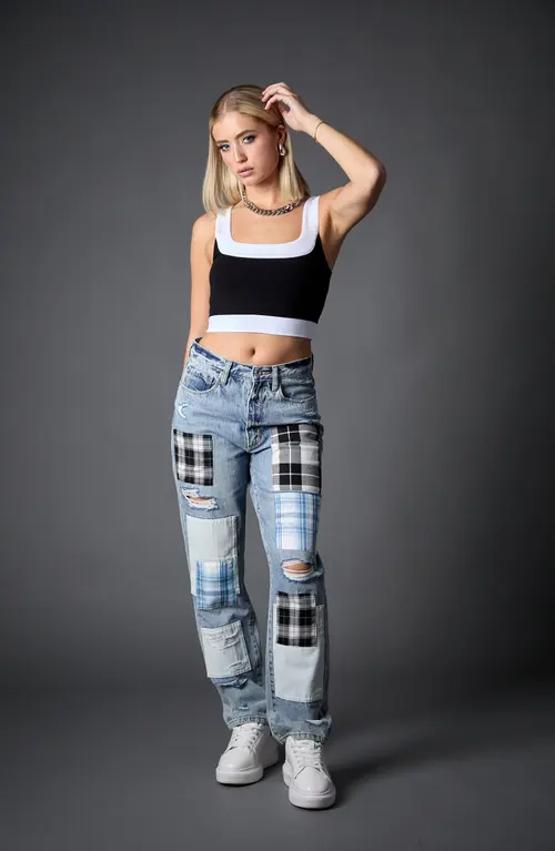 BLUE REVIVAL Plaid Patchwork Straight Leg Jeans - Ibiza Patchwork