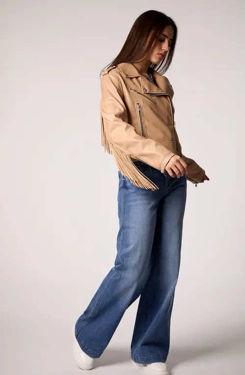 BLUE REVIVAL Fringe Trim Vegan Leather Jacket - Sand Dune