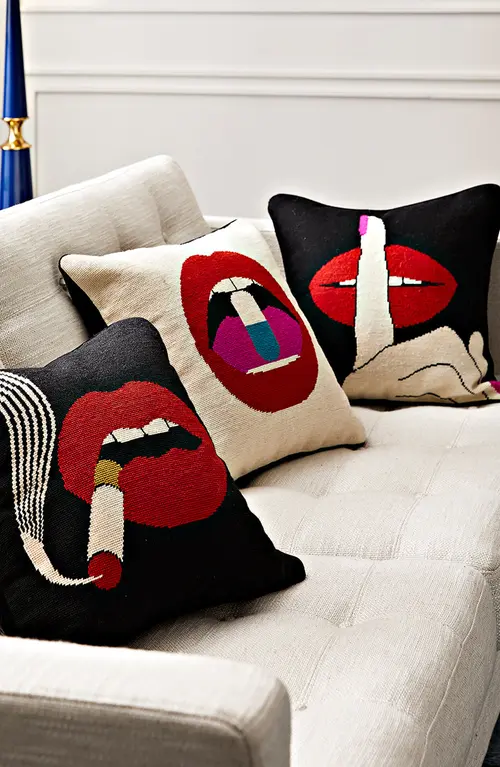 Jonathan Adler Lips Needlepoint Throw Pillow - Lips Smolder
