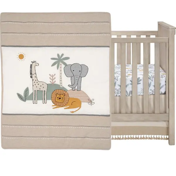 LAMBS & IVY Jungle Adventure Linen/cotton 3-piece Nursery Baby Crib Bedding Set - Cream
