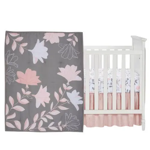 LAMBS & IVY Petals Sateen Cotton Floral 3-piece Baby Crib Bedding Set - Gray