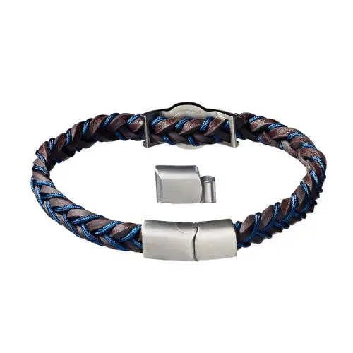 LINK UP Braided Leather Bracelet With Stainless Steel Detail - Black
