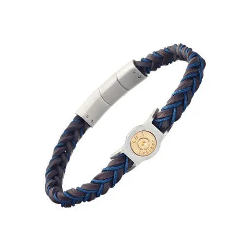 LINK UP Braided Leather Bracelet With Stainless Steel Detail - Blue