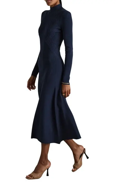 REISS Hannah Long Sleeve Ribbed Midi Dress - Navy