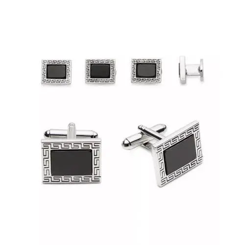 LINK UP Greek Key Stud & Cufflinks Set With Enamel - Black