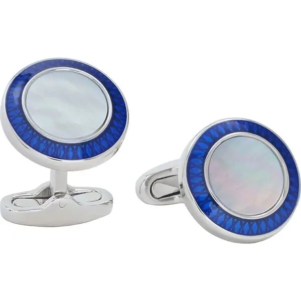 LINK UP Round Mother Of Pearl Cufflinks With Blue Border - White