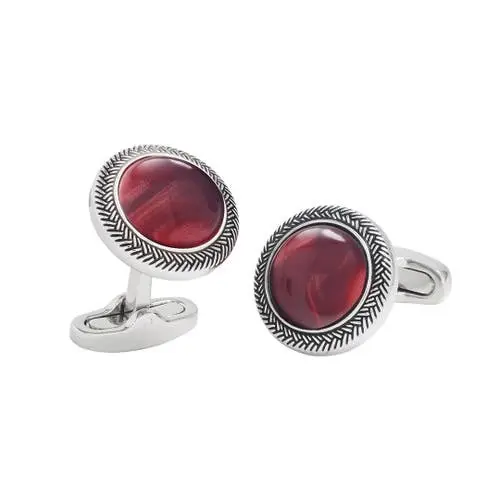 LINK UP Gemstone Round Cufflinks With Antique Silver Braided Border - Burgundy