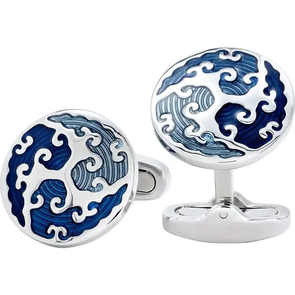 LINK UP Round Cufflinks With Enamel Wave Overlay - Blue