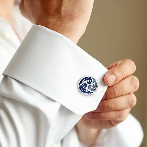 LINK UP Round Cufflinks With Enamel Wave Overlay