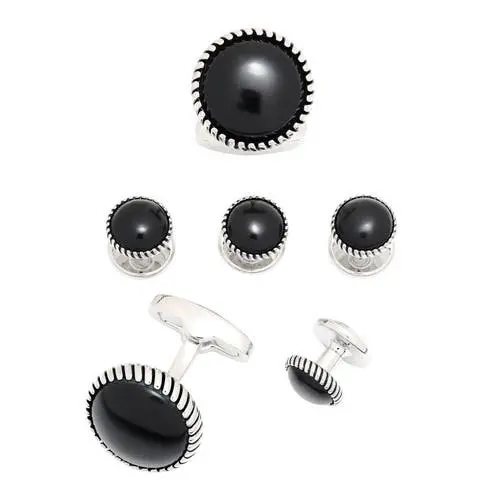 LINK UP Classic Round Gemstone Cufflinks And Tuxedo Studs With Textured Border - Black