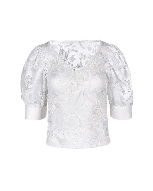 Anne Fontaine Katia V-neck Top With Sheer Mesh Sleeves