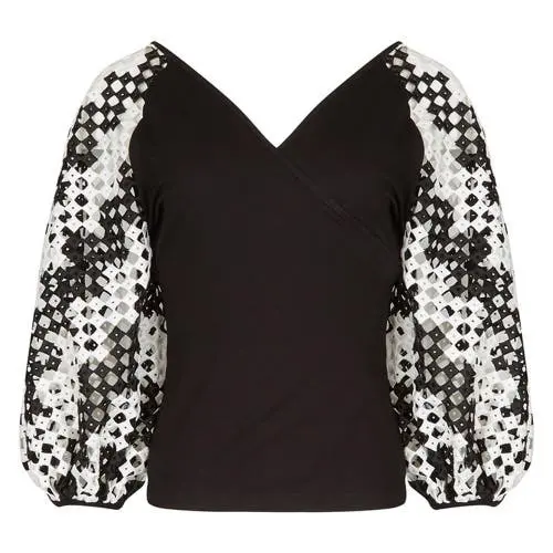 Anne Fontaine Mirella V-neck Top With Sheer Mesh Sleeves