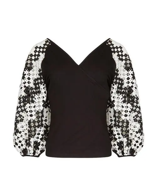 Anne Fontaine Mirella V-neck Top With Sheer Mesh Sleeves
