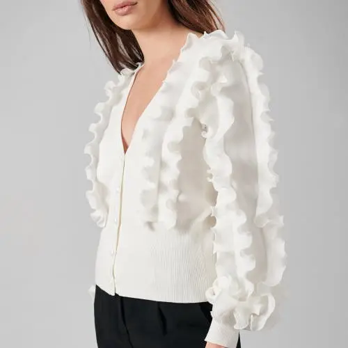 Anne Fontaine Ciline Long Sleeve Ruffle Cardigan - White