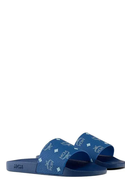 Mcm Monogram Print Rubber Slides - Blue