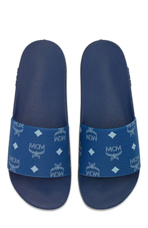 Mcm Monogram Print Rubber Slides - Blue