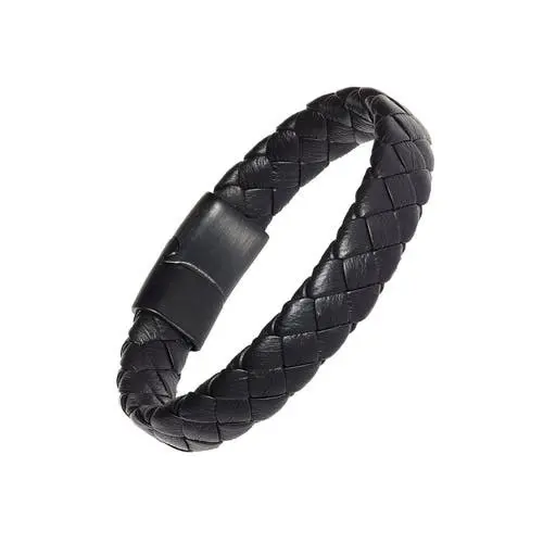 LINK UP Braided Leather Bracelet With Stainless Steel Magnetic Closure - Black