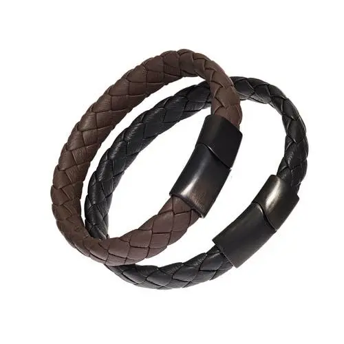 LINK UP Braided Leather Bracelet With Stainless Steel Magnetic Closure - Black