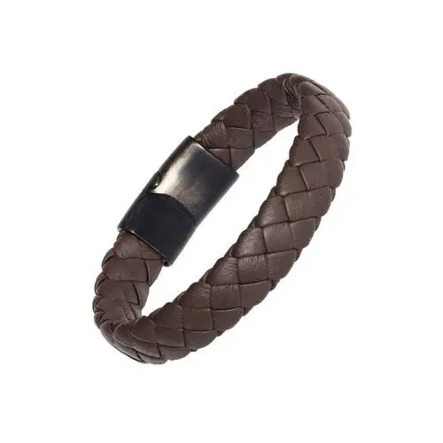LINK UP Braided Leather Bracelet With Stainless Steel Magnetic Closure - Brown