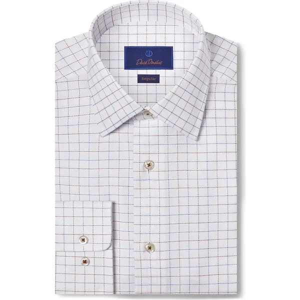 David Donahue Regular Fit Check Cotton Dobby Dress Shirt - White/dune