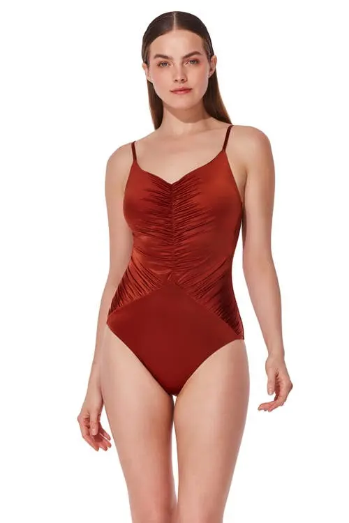GOTTEX Mademoiselle V-neck Ruched One Piece - Brick
