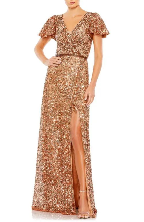 Mac Duggal Sequined Butterfly Sleeve Gown - Copper