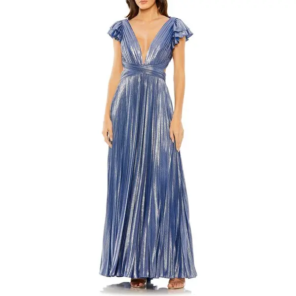 Mac Duggal Pleated Metallic Gown With Ruffle Sleeves And Waist Cutout - Blue