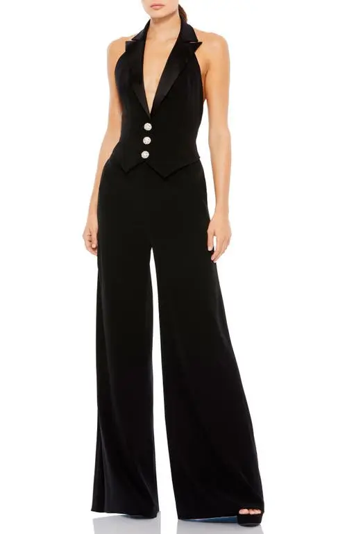 Mac Duggal Tuxedo Halter Jumpsuit - Jet Black