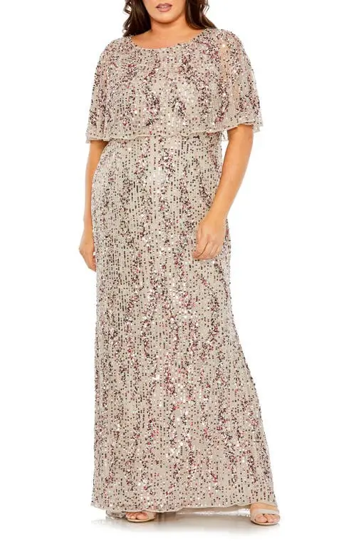 Mac Duggal High-neck Sequin Gown With Cape Sleeves - Grey Multi