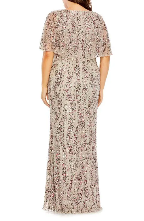 Mac Duggal High Neck Column Gown With Cape - Grey Multi