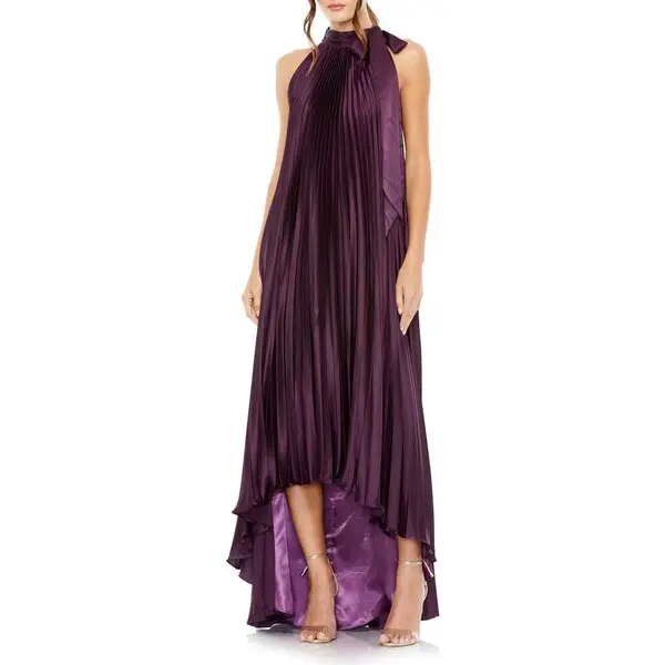 Mac Duggal Pleated Halter Neck High-low Gown - Plum