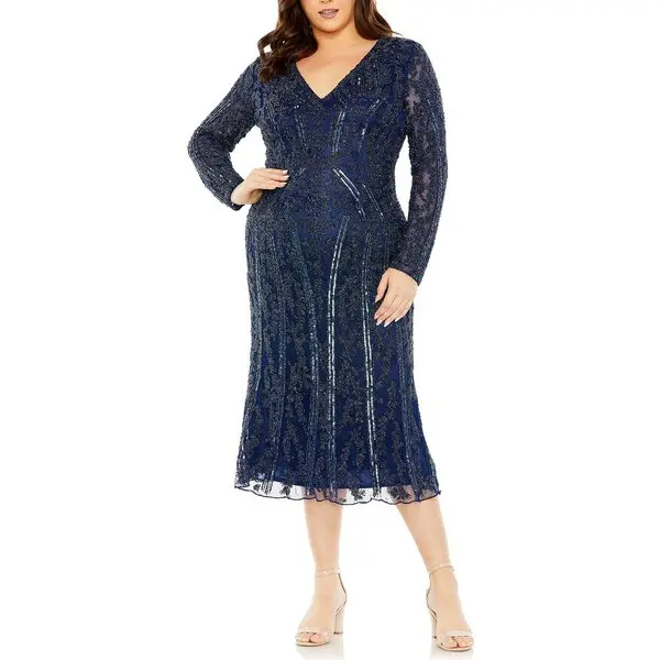 Mac Duggal V-neck Embellished Mesh Gown