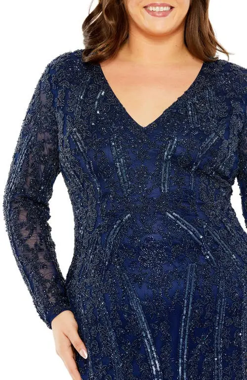 Mac Duggal V-neck Embellished Mesh Gown