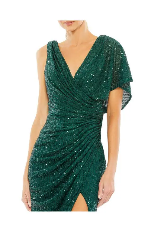 Mac Duggal Sequined Asymmetrical Draped Trumpet Gown