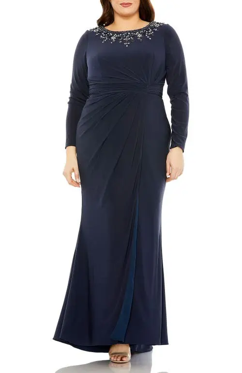 Mac Duggal Long Sleeve Embellished Neckline Jersey Gown