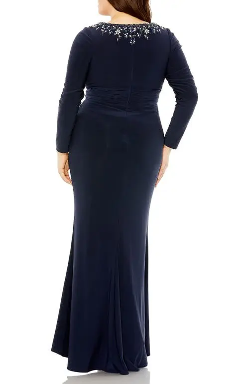 Mac Duggal Long Sleeve Embellished Neckline Jersey Gown