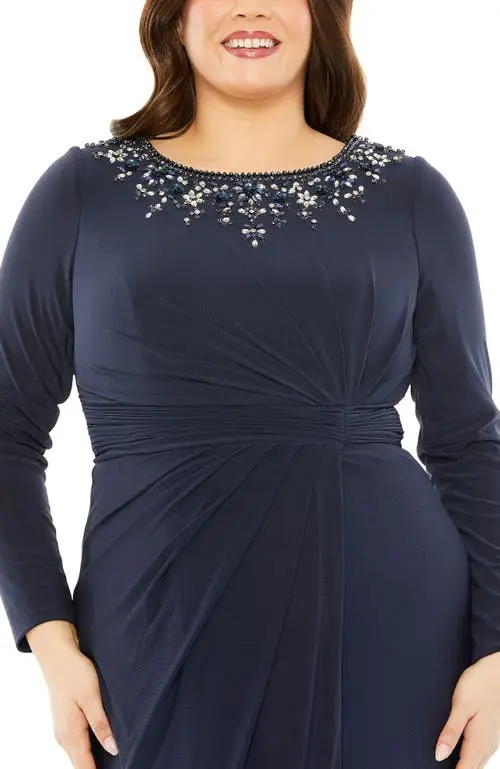 Mac Duggal Long Sleeve Embellished Neckline Jersey Gown