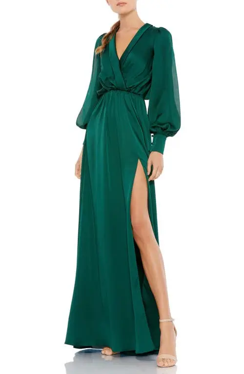 Mac Duggal Satin Dress With Cinched Waist And Thigh-high Slit - Deep Emerald
