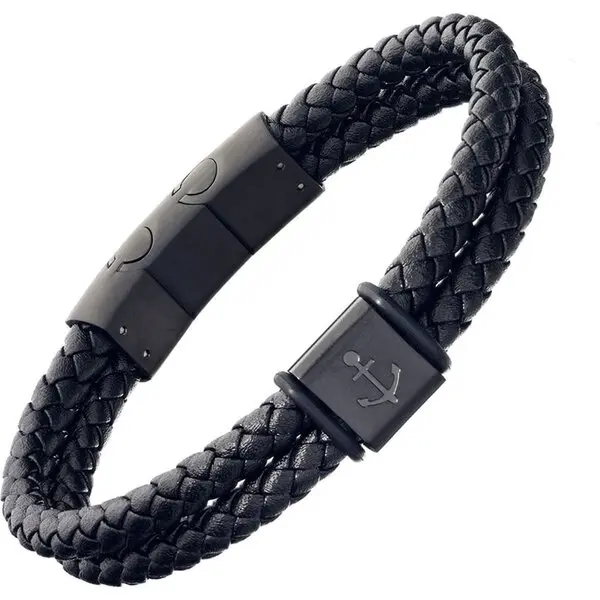 LINK UP Braided Leather Bracelet With Stainless Steel Anchor - Black