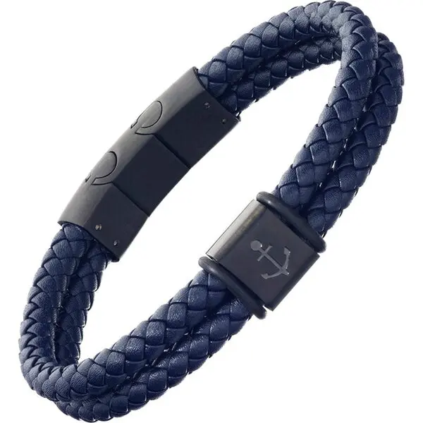 LINK UP Braided Leather Bracelet With Stainless Steel Anchor - Navy