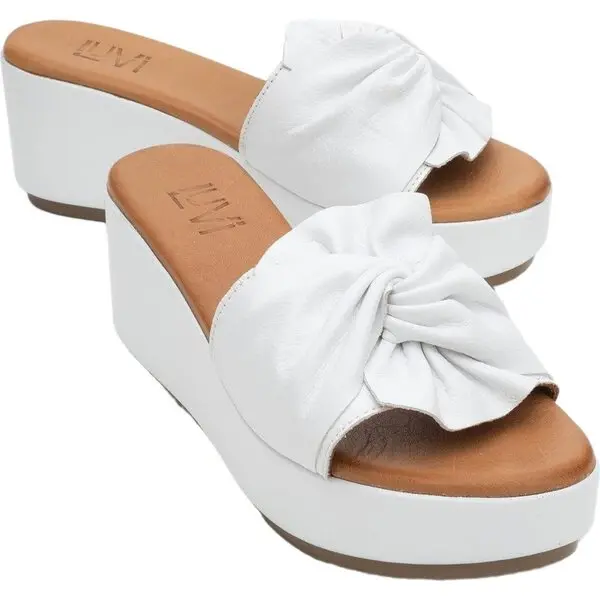 FOREVER & ALWAYS SHOES Syndra Leather Wedge Sandals With Bow - White Leather