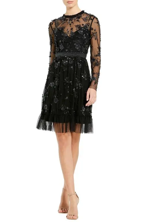 Mac Duggal Embellished Floral Long Sleeve Mini Dress - Black