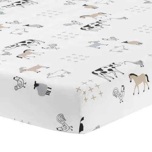 LAMBS & IVY Baby Farm Animals 100% Cotton Fitted Crib Sheet - White