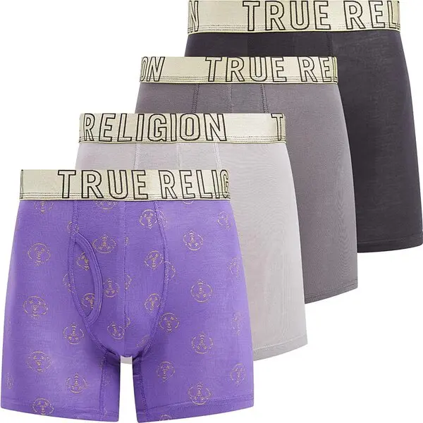 True Religion Boxer Briefs Stretch Underwear Pack Of 4 - Purple/gold