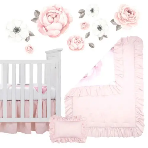 LAMBS & IVY Floral Garden Watercolor Linen 5-piece Baby Crib Bedding Set - Pink