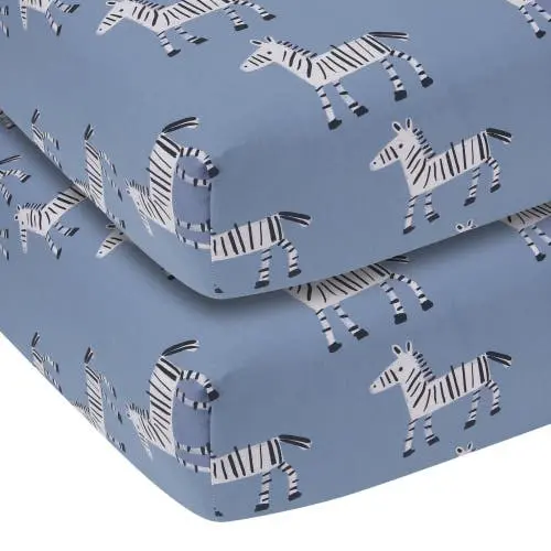 LAMBS & IVY Signature Zebra Organic Cotton 2-pack Fitted Crib Sheets - Blue