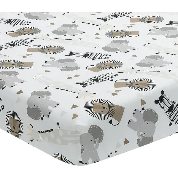 LAMBS & IVY Jungle Safari 100% Cotton Elephant/lion Fitted Crib Sheet - White Multi