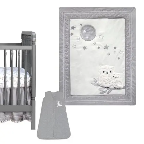 LAMBS & IVY Luna Celestial Owl 4-piece Nursery Baby Crib Bedding Set - Gray